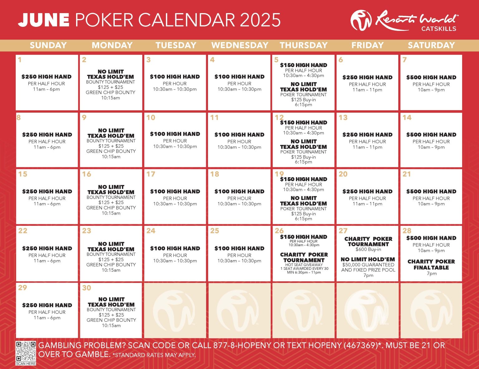 June Poker Calendar - Resorts World Catskills